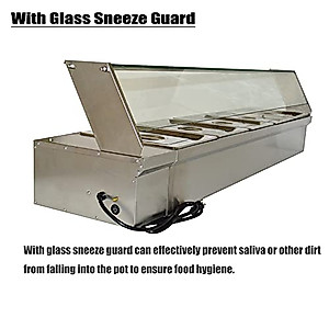 HQHAOTWU 5-Pan Electric Food Warmer Commercial Bain Marie Buffet Stainless Steel Food Container Single-Row Pans with Temperature Display and Glass Guard for Restaurant Canteen 13"×10.5"×6" Pan