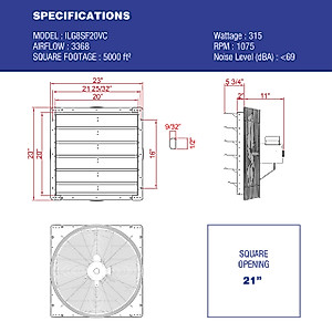 iLIVING 20" Shutter Exhaust Fan with Wireless Smart Remote Controlled Thermostat and Humidity, Variable Speed Wall Mounted Attic Vent Fan, Chicken Coop Ventilation, 3368 CFM, 5000 SQF Coverage Area