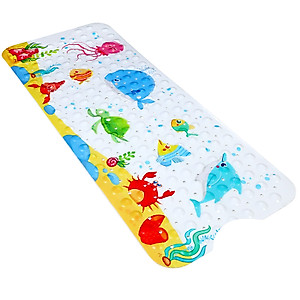 Baby Bath Mat for Tub for Kids, 40in x 16in Non Slip Cartoon Bath Tub Shower Mat Anti Slip with Drain Holes and Suction Cups Machine Washable, Little Whale