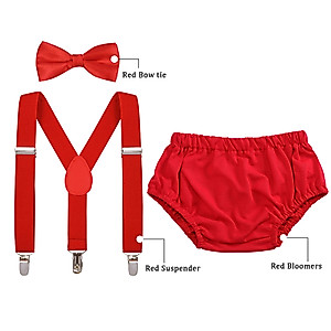 AWAYTR Baby Boys Cake Smash Outfit - First Birthday Party Suspenders Bow Tie Bloomers Set (Red)