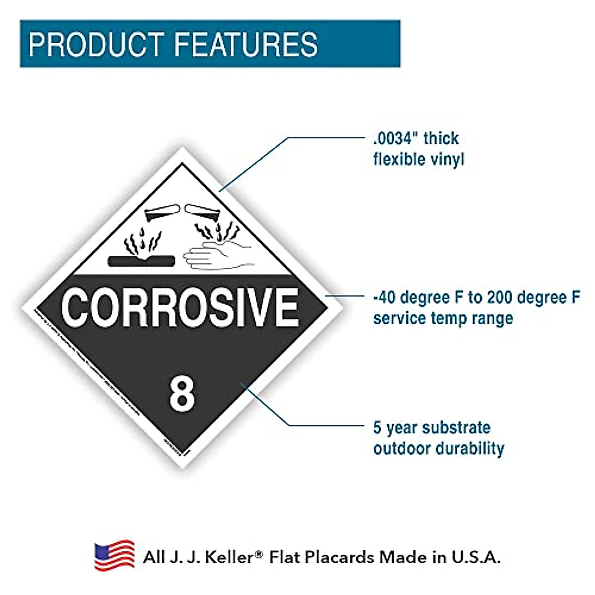 Class 8 Corrosive Placard, Worded 25-pk. - 10.75" x 10.75" Removable Self Adhesive Economy Vinyl for Short-Term Applications - J. J. Keller& Associates - Complies with DOT Hazmat Placard Requirements