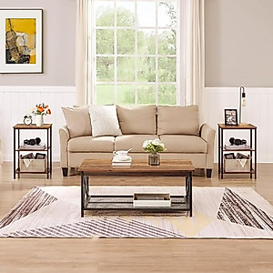 VECELO End Side Table with Storage Shelf, Industrial Night Stand, 3-Tier Small Nightstand for Living Room, Bedroom, 2 Pack, Brown/2pcs