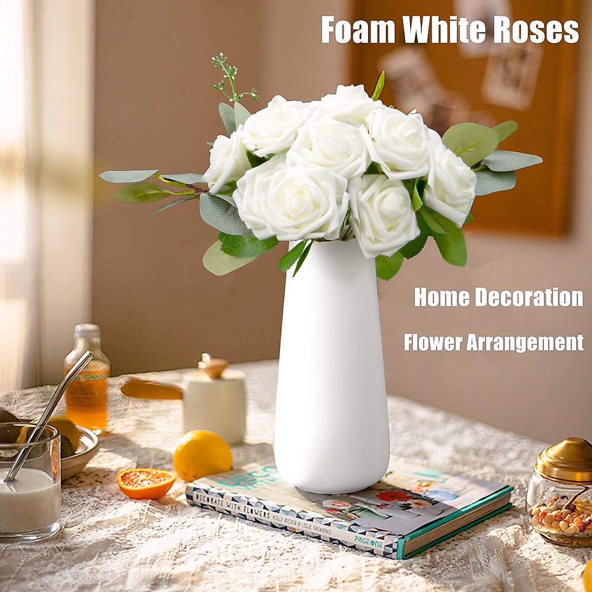 Cliselda 50Pcs Artificial Flowers Ivory White Fake Roses with Stems, Valentine's Day, Real Touch Foam Rose Bulk Faux Flowers for Decoration Centerpieces Party Flower Arrangements