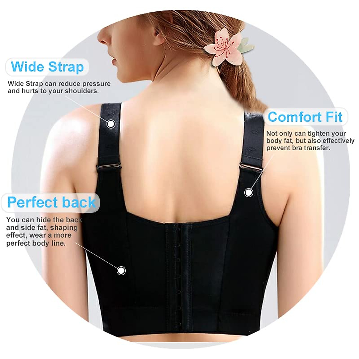 Runilut Women's Push Up Bra,Full-Coverage Underwire Bra,Hide Back Fat Deep Cup Bra,Smoothing T-Shirt Bra,Sculpting Uplift Bra Black 38DDD