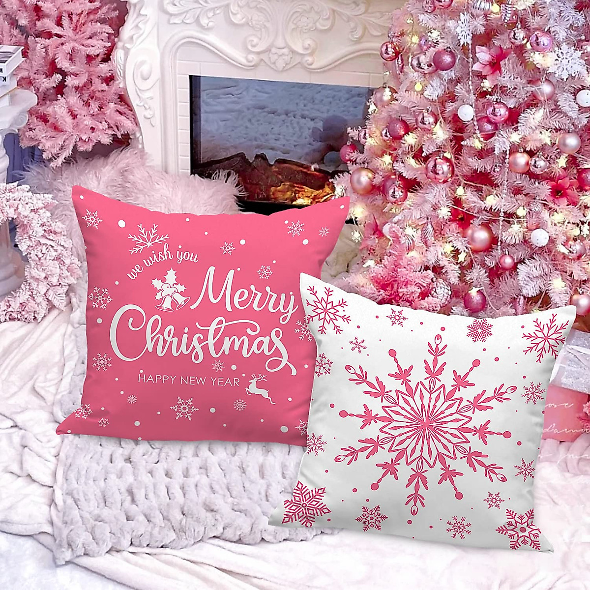Lanpn White and Pink Christmas Throw Pillow Covers 14x14 Set of 4, 14 inch Decorative Xmas Cushion Covers Pillow Cases 14 x 14 for Home Bedroom Room Holiday Couch Decor Decorations