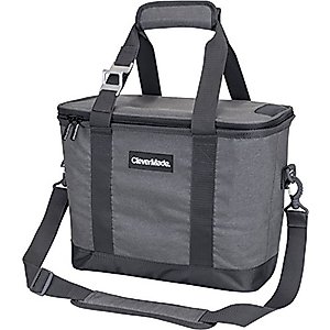 CleverMade Collapsible Cooler Bag with Shoulder Strap: Insulated Leakproof 30 Can Portable Soft Beverage-Tote with Bottle Opener for Camping, Lunch, Beach, Picnic; Grey/Charcoal