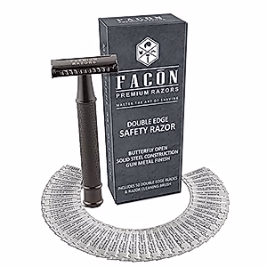 50 BLADES + Facón Vintage Long Handle Double Edge Safety Razor - Platinum Japanese Stainless Steel Blades - Butterfly Open Shaving Razor for Smooth Wet Shaving Experience - 200+ Shaves