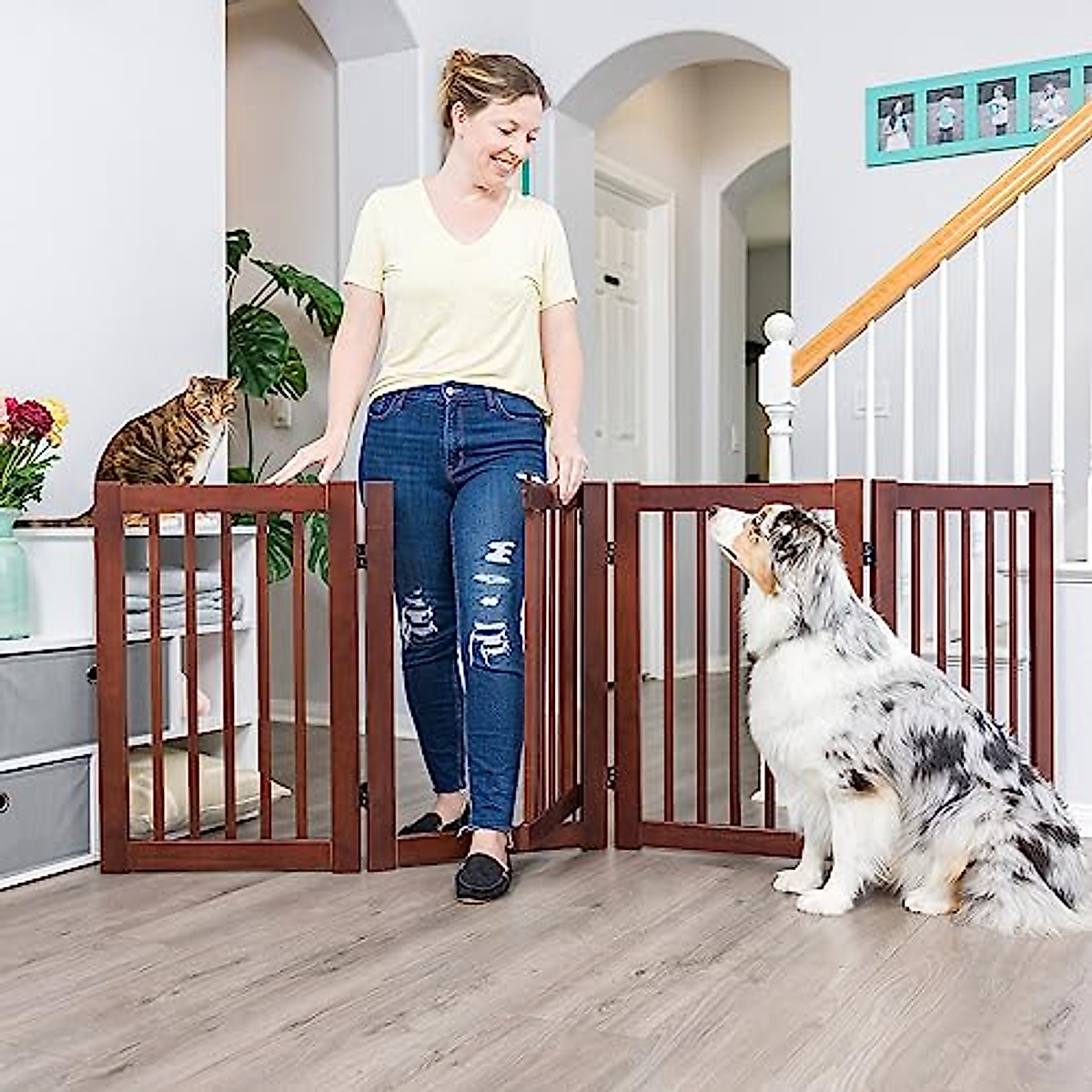 Primetime Petz 360 Configurable Dog Gate with Door – Indoor Freestanding Walk Through Wood Pet Gate,Walnut