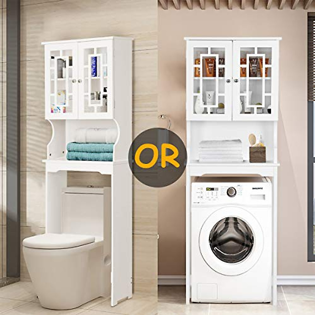 BestComfort Over The Toilet Storage Cabinet, Home Bathroom Space Saver Organizer Above Toilet, Double Doors and Adjustable Shelf, Wooden Freestanding Toilet Storage Rack Unit, 67 in H (White)