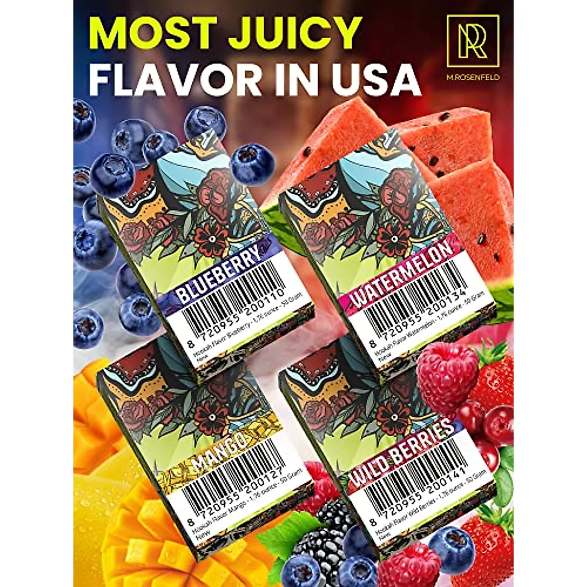 M. ROSENFELD Hookah Flavor Blueberry Herbal - 1.75 oz (50 g) Hookah Shisha Tobacco Free Molasses Hookah Tobacco & Nicotine Free Shisha with Real Organic Shisha Hookah Flavors Blueberry