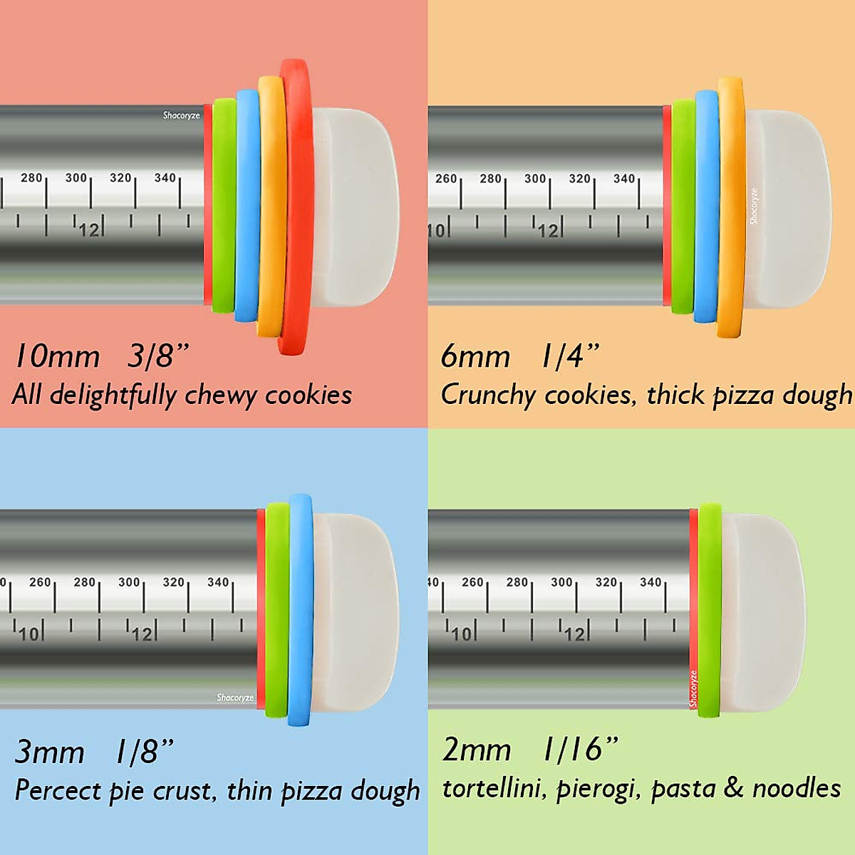 Shacoryze Rolling Pin with 4 Thickness Rings, Adjustable French Dough Roller Stainless Steel Nonstick Pastry Mat Spatula Brush Set for Baking Fondant, Pizza, Tortilla, Pasta, Pie, Pastries, Cookies