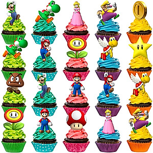 Mario Birthday Party Supplies, 24PCS Cupcake Toppers Decorations for Mario Party Supplies Decor