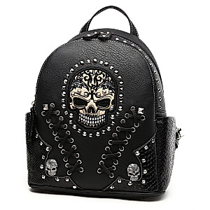 Sugar Skull Punk Art Rivet Studded Biker Purse Women Fashion Backpack Bookbag Python Daypack Shoulder Bag (Black)