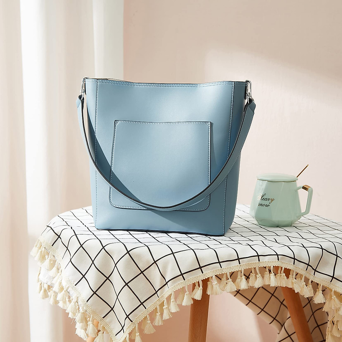 BROMEN Hobo Bags for Women Leather Handbags Designer Shoulder Bucket Crossbody Purse Blue