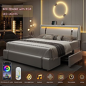 Queen Bed Frame with RGB LED Lights Headboard & 2 Storage Drawers, Modern Upholstered Faux Leather Smart Platform Bed with Iron Metal Decor, USB & USB-C Charging Ports, No Box Spring Needed, White