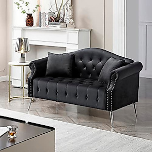 Holaki Chesterfield Velvet Sofa,59.4" Modern Upholstered Classic Button Tufted Nailhead Trimming Loveseat with Rolled Arms,Silver Metal Legs&2 Pillows,Comfortable Velvet Couches for Living Room(Black)