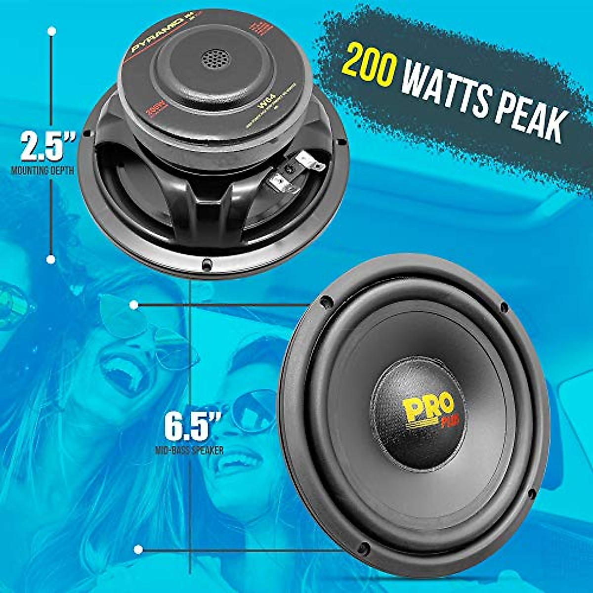 Pyramid Car Mid Bass Speaker System - Pro 6.5 Inch 200 Watt 4 Ohm Vehicle Mid-Bass Component Poly Woofer Audio Sound Speakers w/ 30 Oz Magnet Structure, 2.5” Mount Depth Fits OEM - Pyramid W64