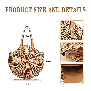 COOKOOKY Straw Beach Bag Summer Handmade Woven Shoulder Tote Bags Purse for Women (Round Khaki Bag and Rattan Earrings)