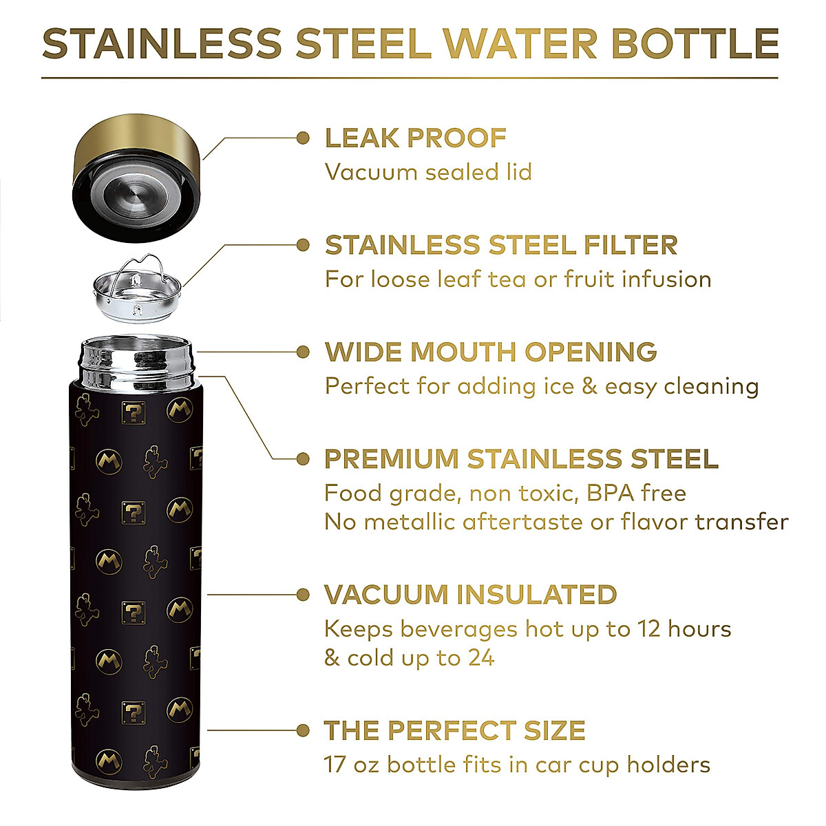Controller Gear Super Mario Black & Gold Mario Vacuum Insulated Stainless Steel Sport Water Bottle, 17 oz, 500 ML
