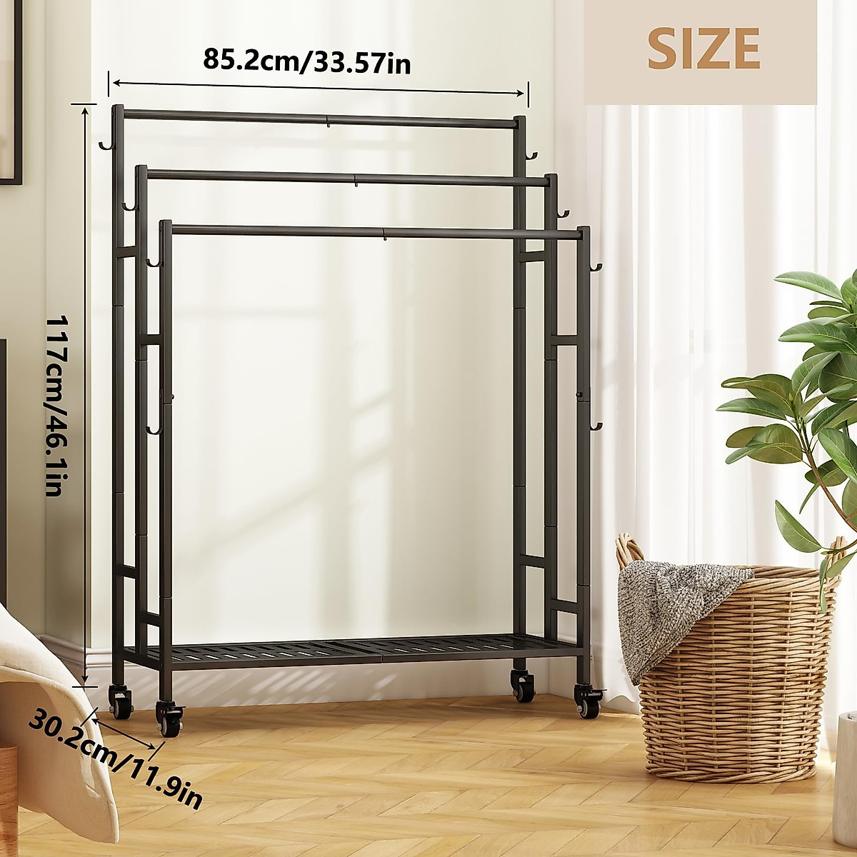 SORCEDAS Towel Rack 3 Tier Free Standing Metal Towel Stand with Storage Shelf and Wheel for Extra Large Towel Blanket Drying (Black)