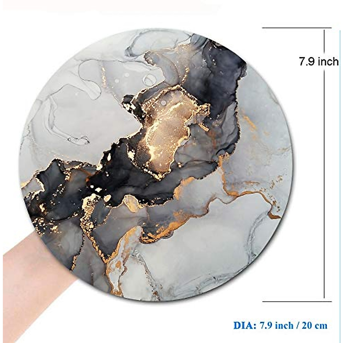 Black White Gold Marble Round Mouse Pad,Beautiful Mouse Mat, Cute Mouse Pad with Design, Non-Slip Rubber Base Mousepad, Waterproof Office Mouse Pad, Small Size 7.9 x 0.12 Inch