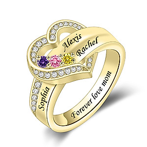 Personalized 1/2/3/4/5/6/7/8 Stones Rings for Her Heart Mother Ring with Simulated Birthstones Custom Mother Daughter Ring Jewelry for Women Engagement Name Promise Ring for Mom Wife Grandmother (3 Name)