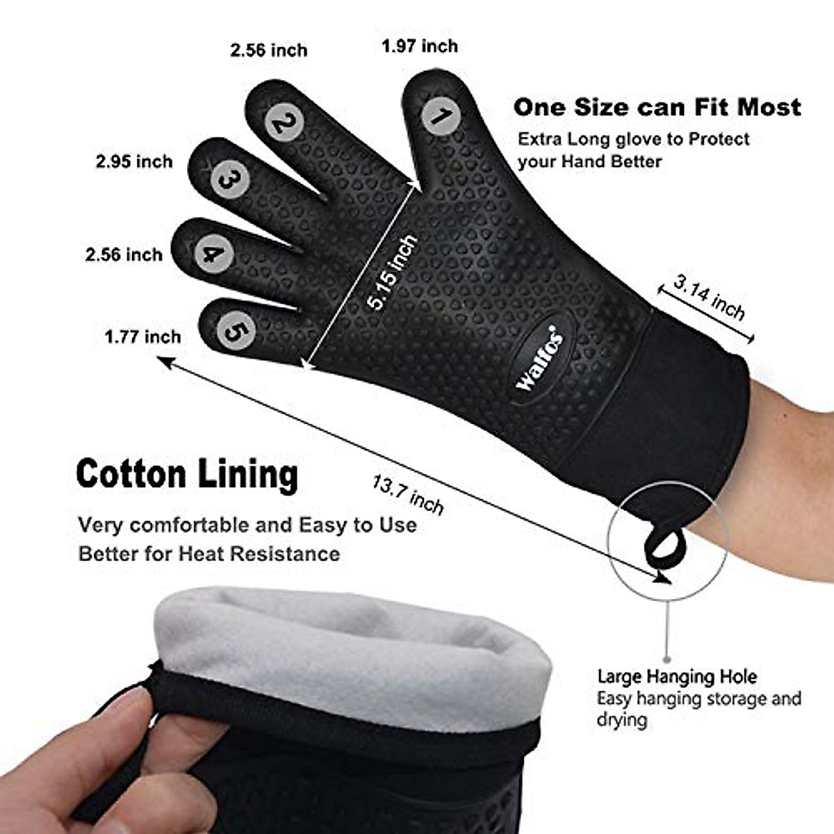Walfos Grilling Gloves - Heat Resistant Silicone Oven Mitt, Premium Non-Slip Silicone Internal Protective Cotton Layer, Waterproof, Great for Grilling, Kitchen and Cooking (Black)…