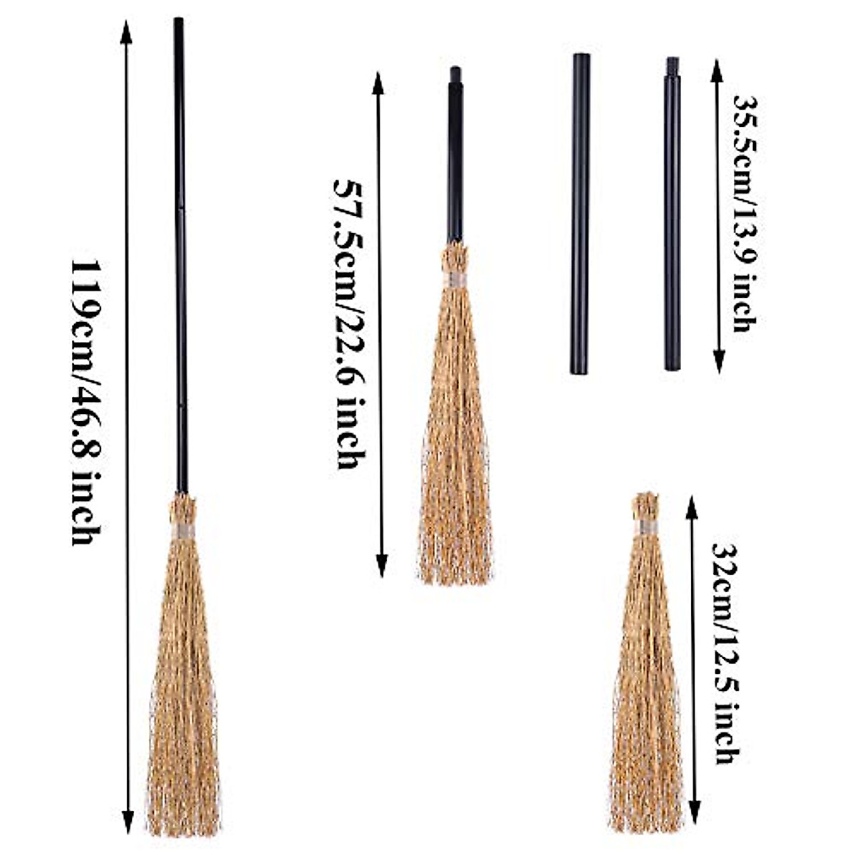 URATOT 3 Pieces Halloween Witch Broom Props Thatch Bamboo Witch Broomstick Retractable Straw Bamboo Witch Broom Party Decoration for Halloween Cosplay Favors