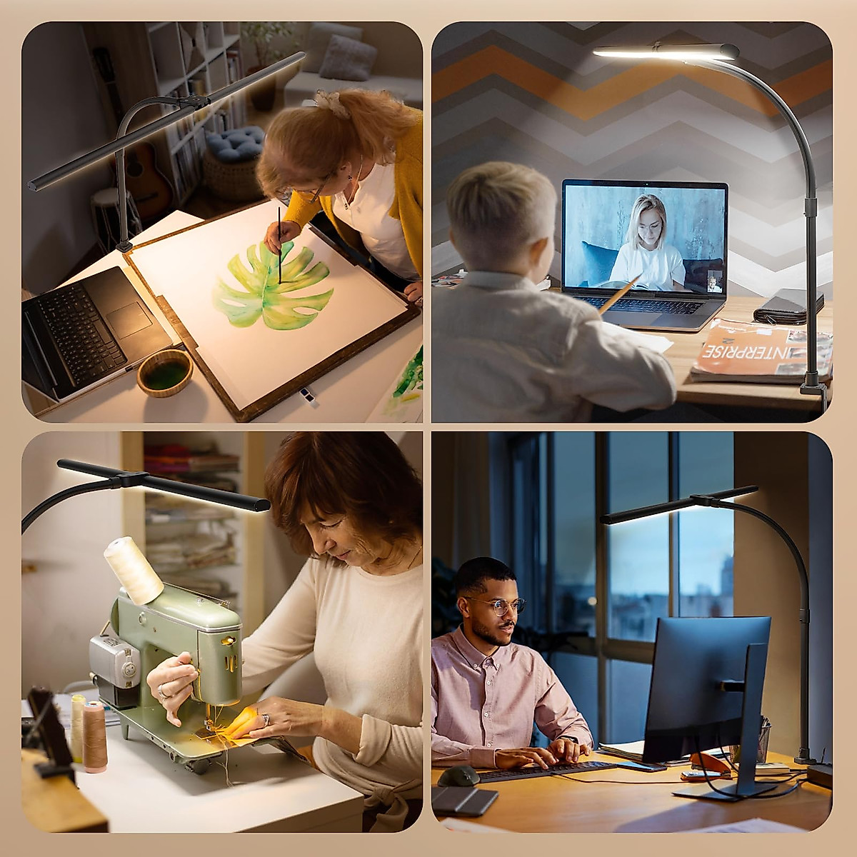 APMIEK LED Desk Lamp for Home Office, 24W Remote Control Computer Desk Light Bright Desktop Lamp Multi Lighting Modes Dimmable Clamp Desk Lighting for Work with Adjustable Gooseneck, Double Head,Black