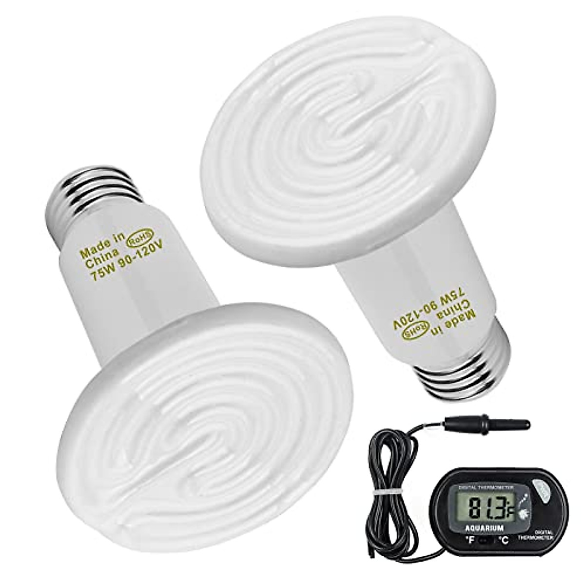 WUHOSTAM 2 Pack 75W White Ceramic Heat Lamp with 1-pcs Digital-Thermometer,Infrared Bulb Emitter Lamp Infrared Bulb for Pet Brooder Coop Chicken Lizard Turtle Snake Aquarium ETL Listed
