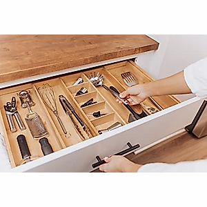 KitchenEdge Adjustable Kitchen Drawer Organizer for Utensils and Junk, Expandable to 28 Inches Wide, 9 Compartments, 100% Bamboo
