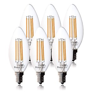 Bioluz LED 92 CRI E12 LED Candelabra Bulbs 60 Watt (5.5W) Warm White 2700K Clear LED Filamament Candle Bulb Dimmable UL Listed Title 20 6-Pack