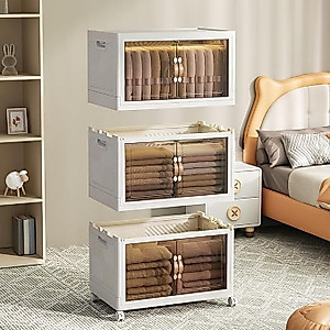 JH Spracely 5 Layer 203 Gallon Collapsible Storage Bins with Lids and Wheels, Large Stackable Plastic Organizer Bins for Closet and Office, Folding Storage Boxes with Open Front Door,for 8+ Years
