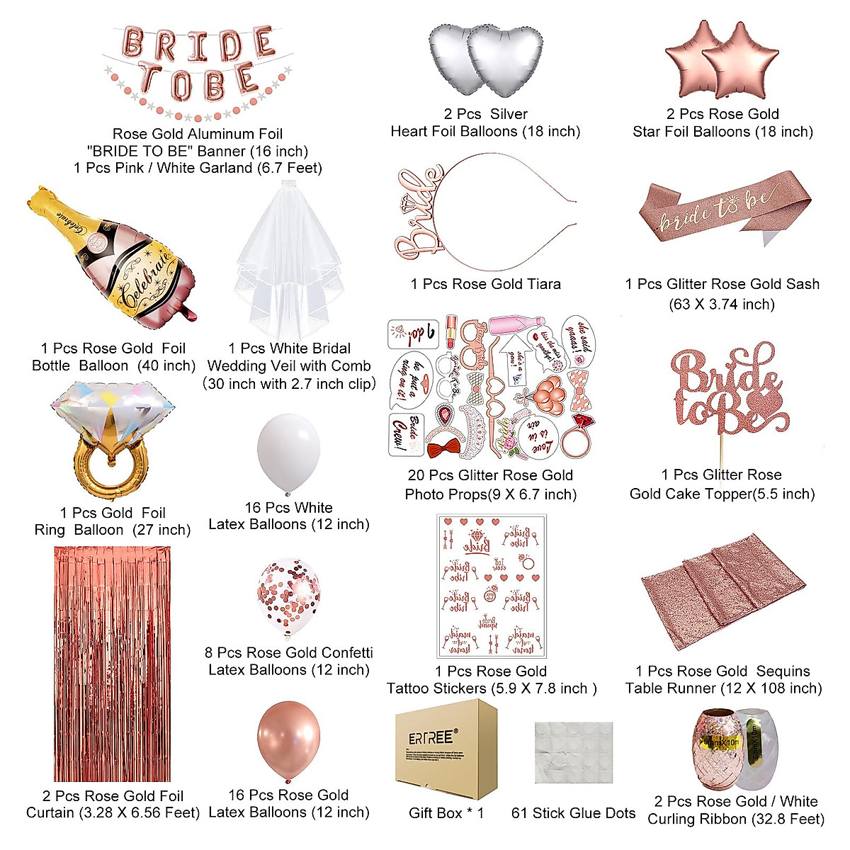 Bachelorette Party Decorations Naughty, Rose Gold Bridal Shower Party Decor and Supplies Kit - Bachelorette Veil, Bride To Be Sash & Balloons, Photobooth Props Tiara Tattoos