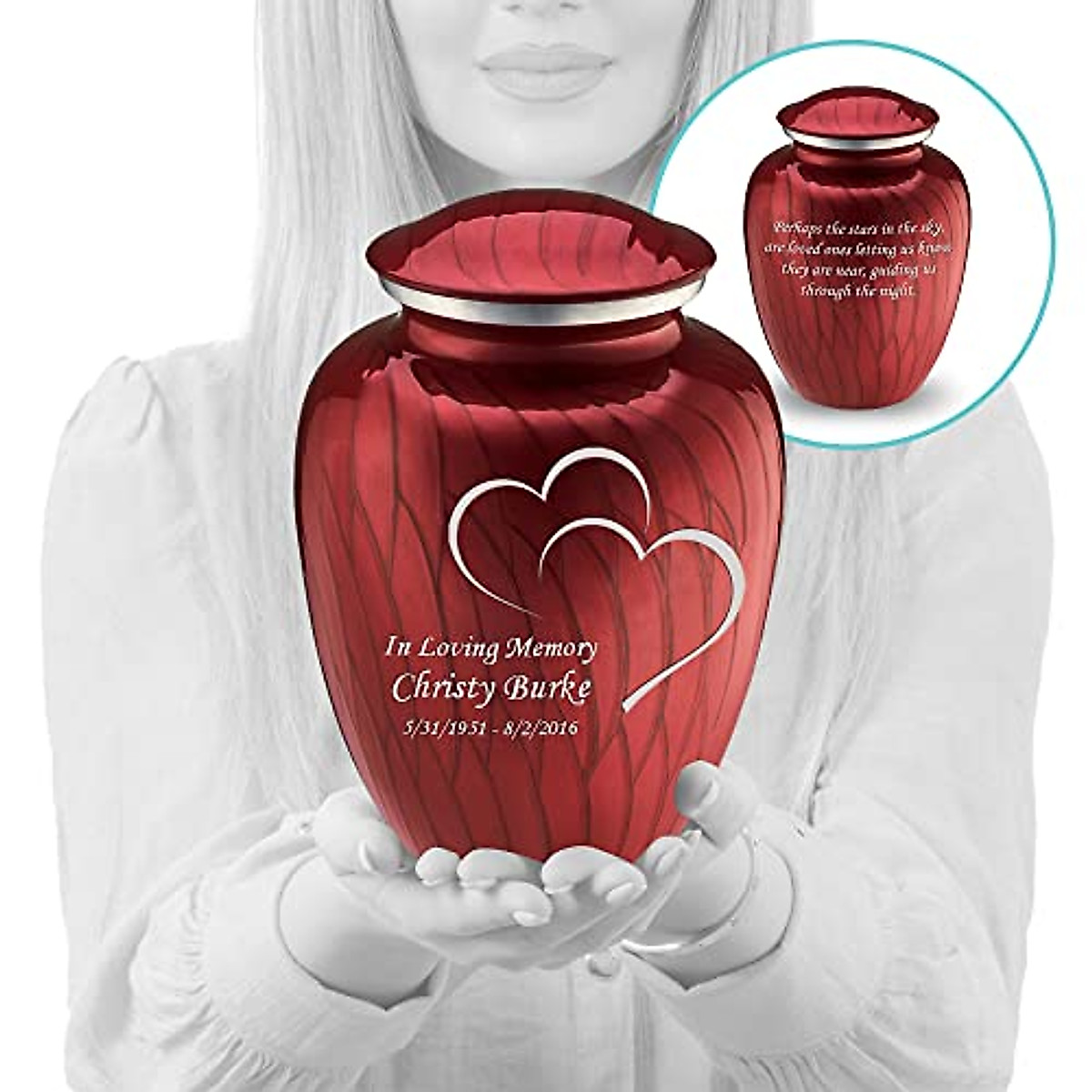 GetUrns - Embrace Hearts Urns for Human Ashes, Cremation Urns for Adult Ashes Men & Women, Cremation Urn for Home, Vault, or Niche, 200 cu. in, Double-Sided Engraving, Pearl Candy Red