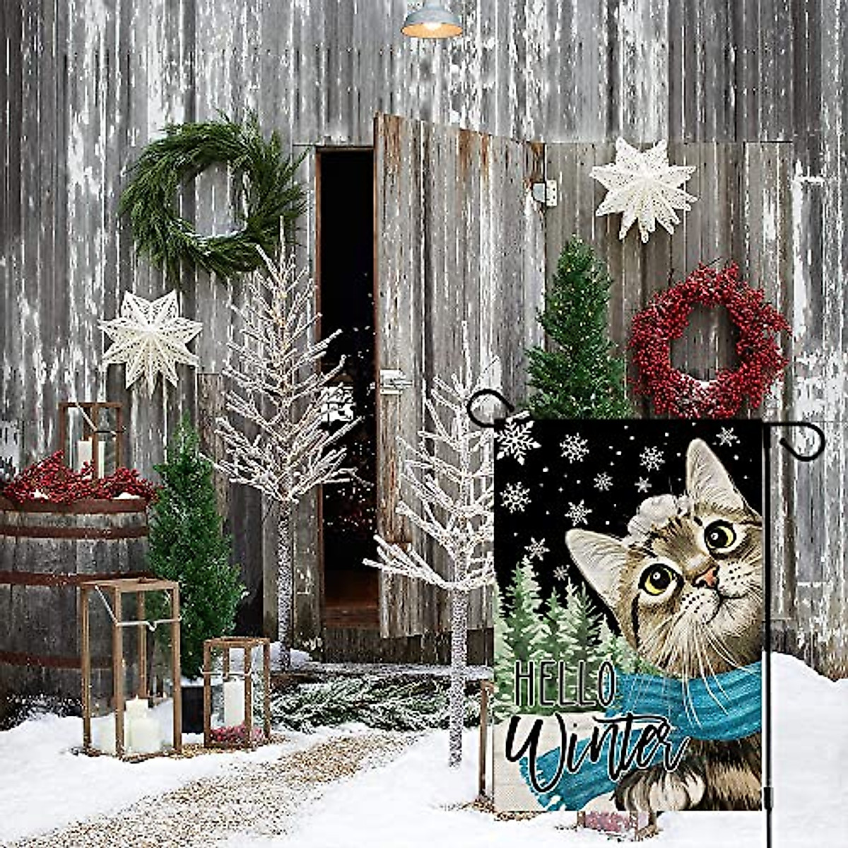 CROWNED BEAUTY Hello Winter Snow Cat Garden Flag 12x18 Inch Small Double Sided Yard Decorative Holiday Seasonal Outside Welcome Burlap Farmhouse Decoration