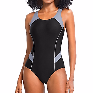 Tempt Me Women One Piece Swimsuits Athletic Racerback Swimwear Training Exercise Slimming Bathing Suit Black Gray XL