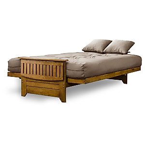 Nirvana Futons Brentwood Tray Arm Futon Frame, Drawers, and Microfiber Khaki Mattress Set - Full, Heritage Finish