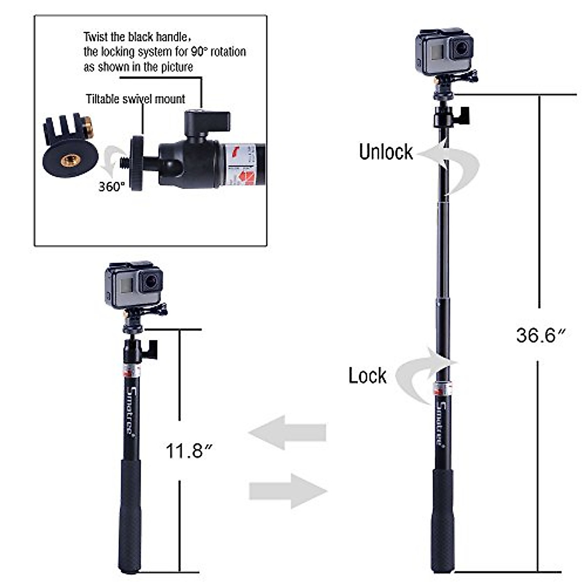 Smatree Extendable Aluminum Selfie Stick/Monopod Compatible for GoPro Hero 11/10/9/Max/8/7/6/5/4/3+/GOPRO Hero(2018)/Insta360 One/AKASO GeekPro SJCAM SJ4000 SJ5000, Action 2 Camera