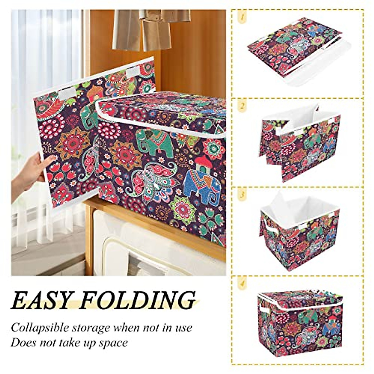 Paisley Elephant Storage Basket 16.5x12.6x11.8 In Collapsible Fabric Storage Cubes Organizer Large Storage Bin with Lids and Handles for Shelves Bedroom Closet Office