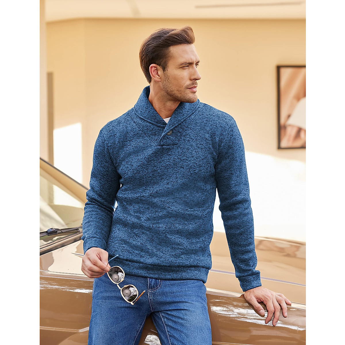 COOFANDY Men Dress Sweater with Collar Fashion Light Fleece Sweatshirt Fall Winter Sky Blue