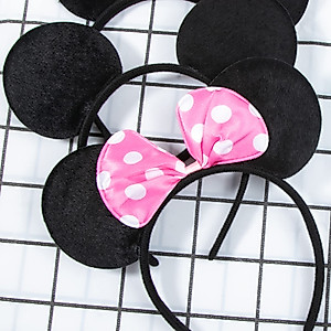 CHuangQi Mouse Ears Solid Black and Pink Bow Headband for Boys & Girls Birthday Party, Pack of 12