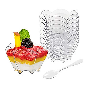 Tebery 100 Pack Mini Parfaits Dessert Cups with 100 Spoons, 2.5oz Clear Small Serving Bowl for Tasting Party Desserts Appetizers(Flower Shape)