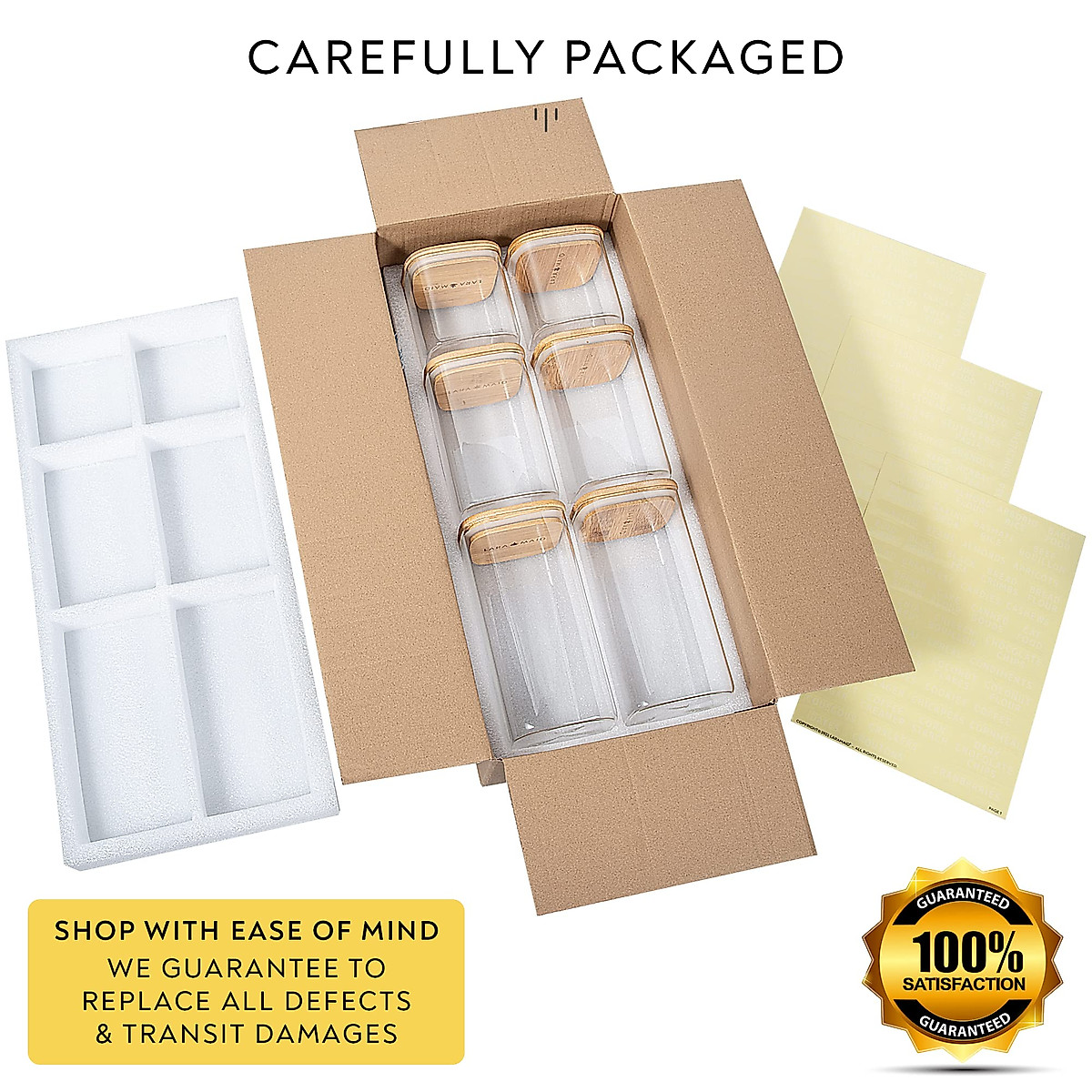 Laramaid 27oz 6Packs Square Glass Jars Set with Minimalist Pantry Labels, Square Pantry Jars with Bamboo Lids and White Customized Sticker Labels, Food Storage Containers for Home