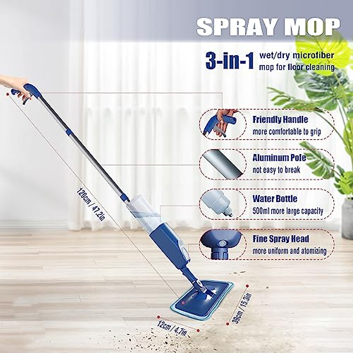 Spray Mops for Floor Cleaning - ZFGYmuxi Microfiber Wood Floor Dry Wet Mop with 2X 500ML Bottles 4X Microfiber Pads,Multifunction Spray Mops Dust Flat Mop for Hardwood,Marble,Tile Floor Mopping
