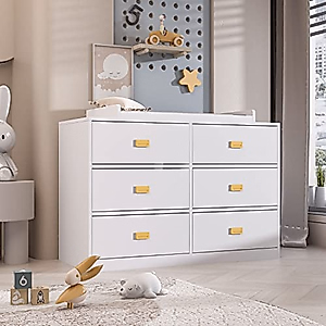 DiDuGo Nursery Dresser Changing Table Dresser with 6 Drawers, Gold Metal Handles, for Nursery Room White (45.1" W x 18.9" D x 32.9" H)