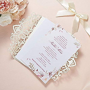 AdasBridal 50Pcs Glitter Floral Laser Cut Wedding Invitation Cards with Envelope Blank Inner Sheet and Ribbon for Wedding Engagement Bridal Shower Party Invite(7.09 X 4.92inch, Gold)