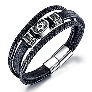 TEMICO Mens Black Leather Cuff Bracelet Multi-Layer Braided Leather Magen Star of David Bracelet Jewish Jewelry