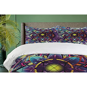 Ambesonne Lotus Duvet Cover Set, Psychedelic Surreal Geometry Mandala Background Futuristic Effects Print, Decorative 3 Piece Bedding Set with 2 Pillow Shams, King Size, Lilac Blue