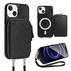 ZVE for iPhone 14 Plus Crossbody Wallet Case for Magsafe, Magnetic Phone Case with RFID Blocking Card Holder Wrist Strap for Women, Zipper Leather Cover for iPhone 14 Plus, 6.7"-Black